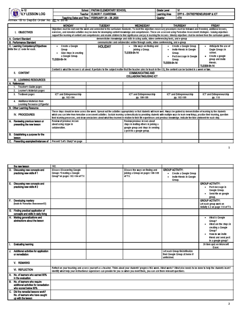 DLL Epp6-Ict Q1 W8 | PDF | Educational Technology | Learning