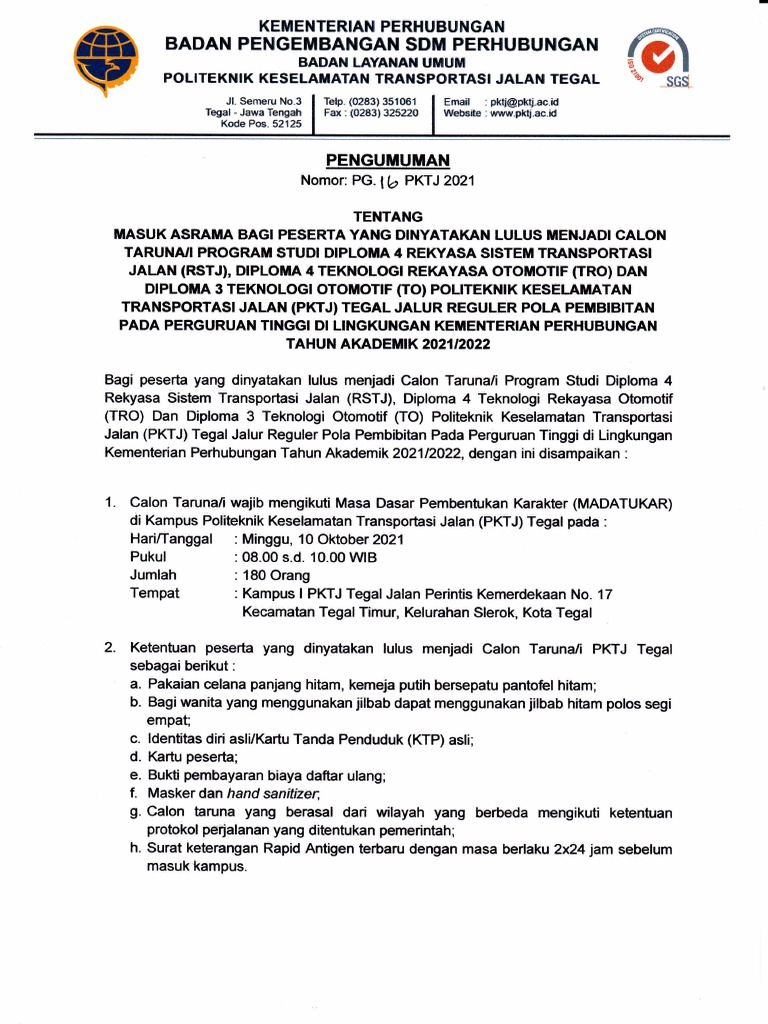 PG. 16 Tahun 2021 Tentang Masuk Asrama Bagi Peserta Yang Dinyatakan Lulus Menjadi Catar PKTJ ...