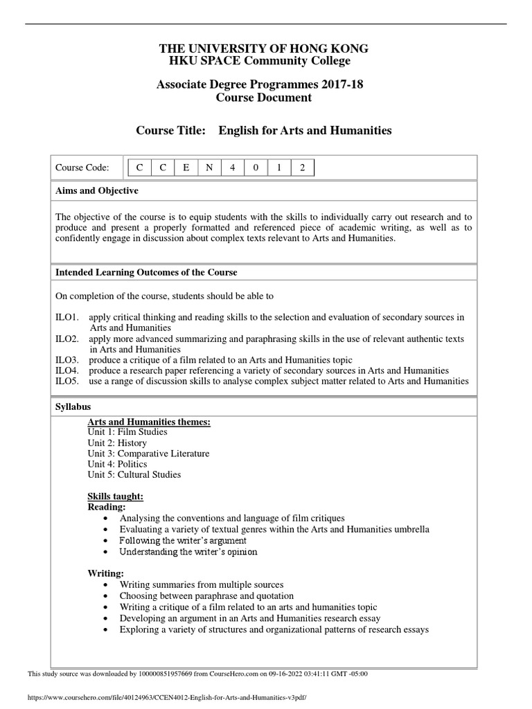 English for Arts and Humanities Course | PDF | Humanities | English ...