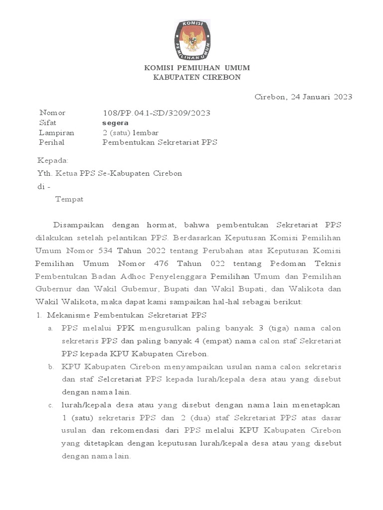 Surat Pembentukan Sekretariat PPS Untuk Pemilu Tahun 2024 (2) | PDF