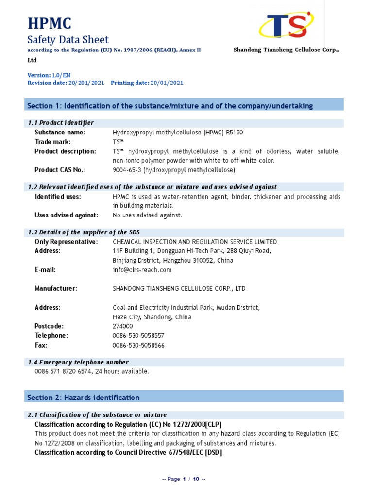 MSDS-HPMC Under REACH R5150 | PDF | Dangerous Goods | Waste
