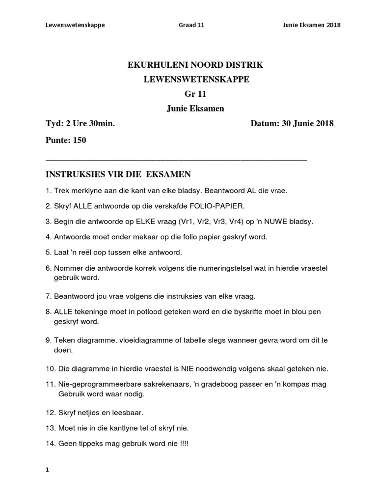 Ekurhuleni Noord Distrik Lewenswetenskappe GR 11 Junie Eksamen Tyd: 2 Ure 30min. Datum: 30 Junie ...