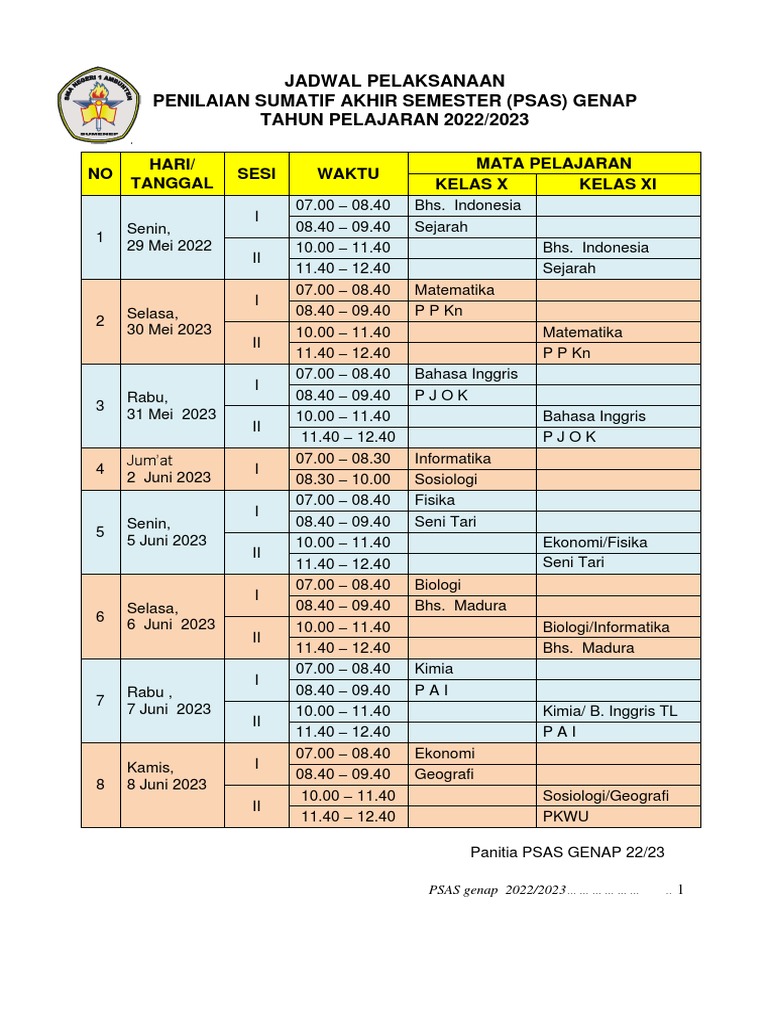 Jadwal Psas Genap | PDF