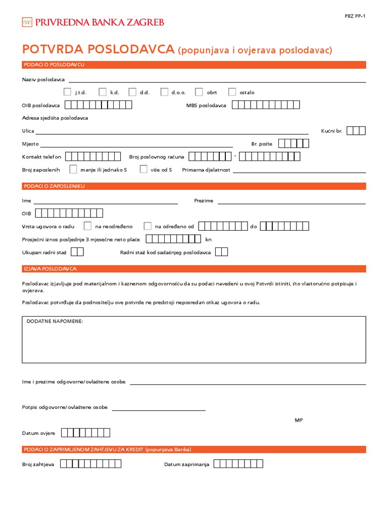 Potvrda Poslodavca - PP-1 - Edit | PDF