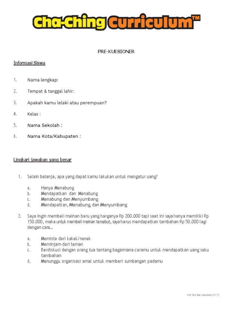Pre Kuesioner Cha-Ching Curriculum | PDF