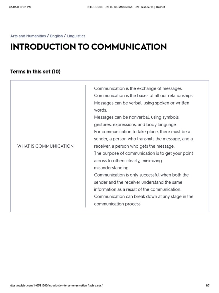 Introduction To Communication Flashcards - Quizlet | PDF | Communication | Nonverbal Communication