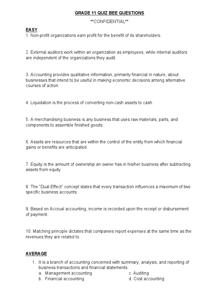 Grade 11 Accounting Quiz Bee Questions | PDF | Equity (Finance) | Audit