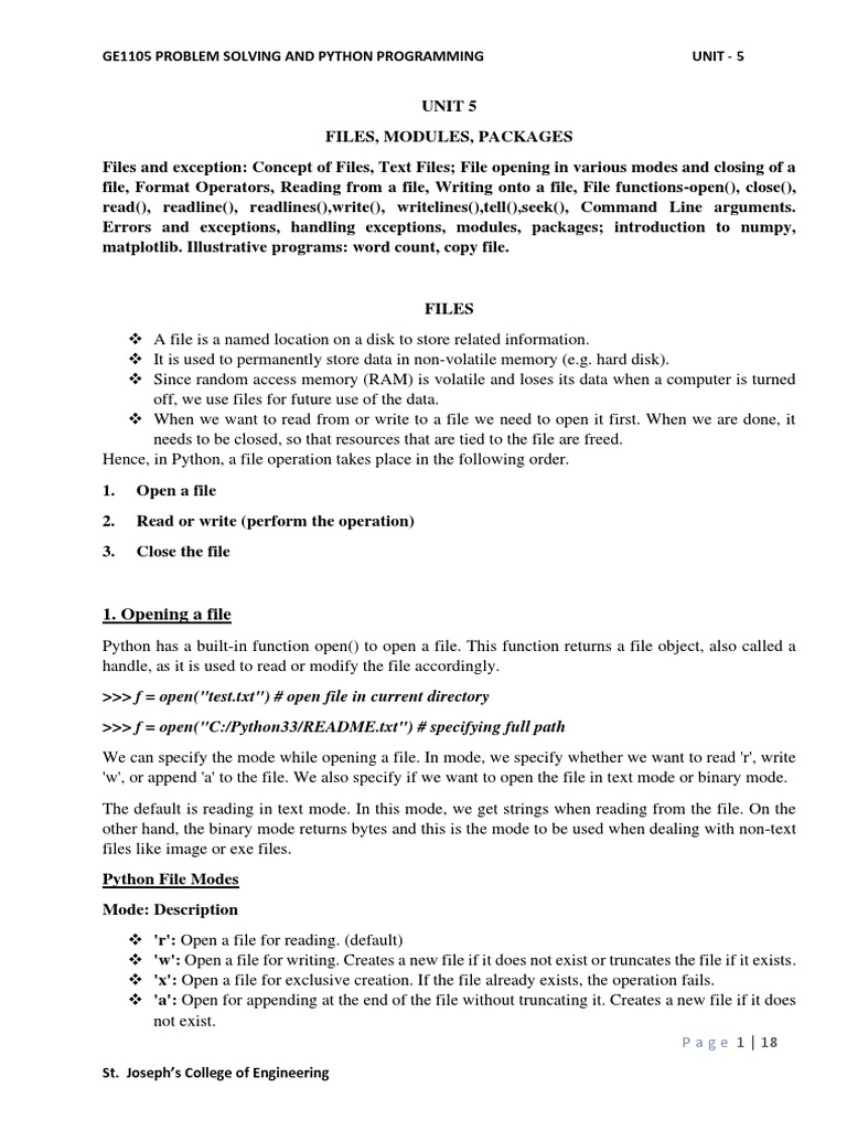 Ge1105 Problem Solving and Python Programming Unit - 5: 1. Opening A File | Download Free PDF ...