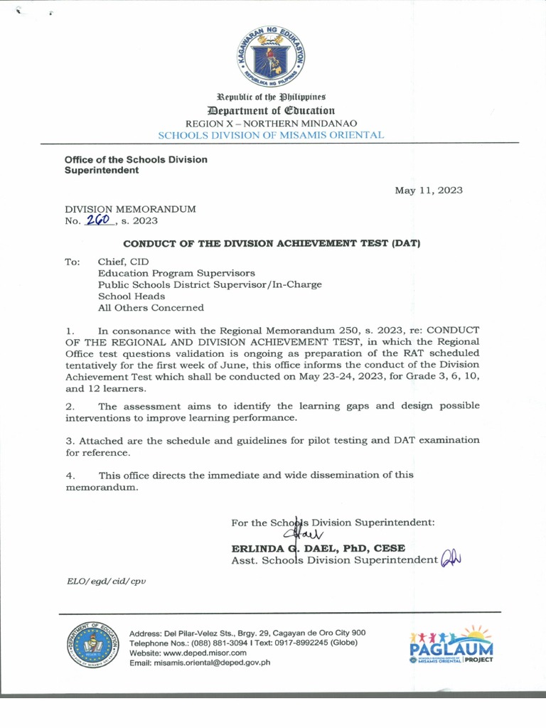 Dm260s.2023 Conduct of The Division Achievement Test Dat | PDF