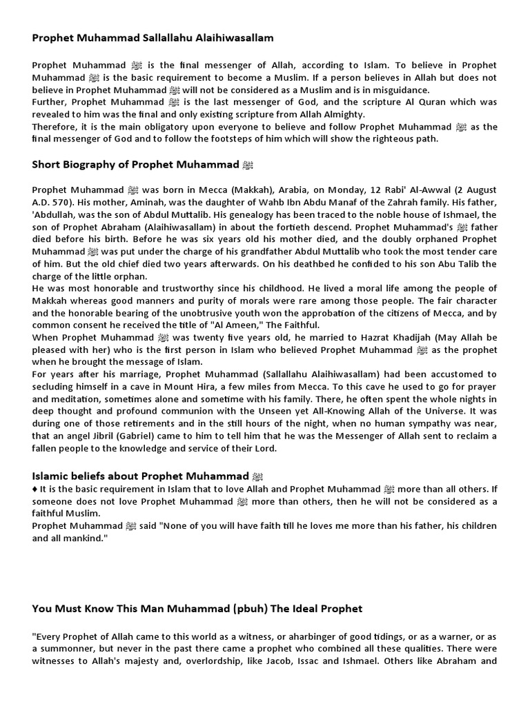 Prophet Muhammad Sallallahu Alaihiwasallam | PDF | Prophets And ...