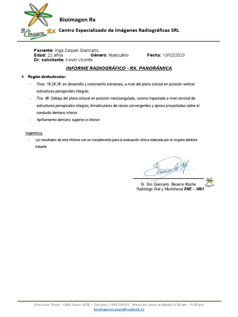 Informe Radiográfico - RX Panorámica | PDF