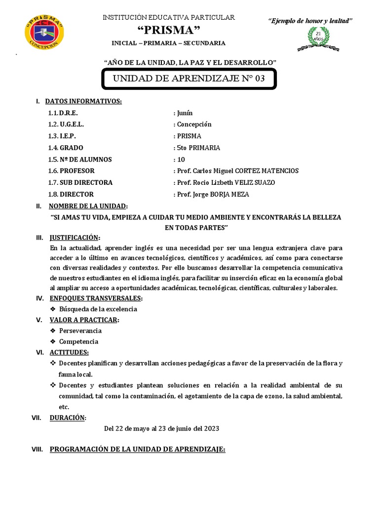 Unidad de Aprendizaje 3 - Inglés - 5to Prim | PDF | Idioma en Inglés | Comunicación humana