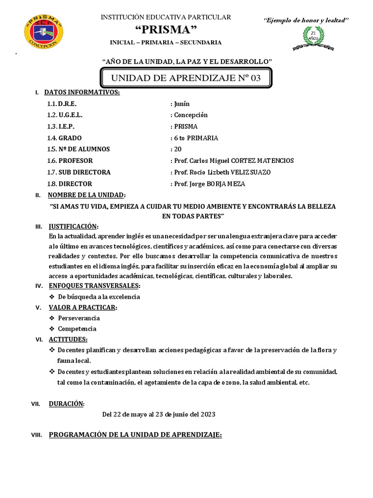 Unidad de Aprendizaje 3 - Inglés - 6to Prim | PDF | Idioma en Inglés | Enseñando