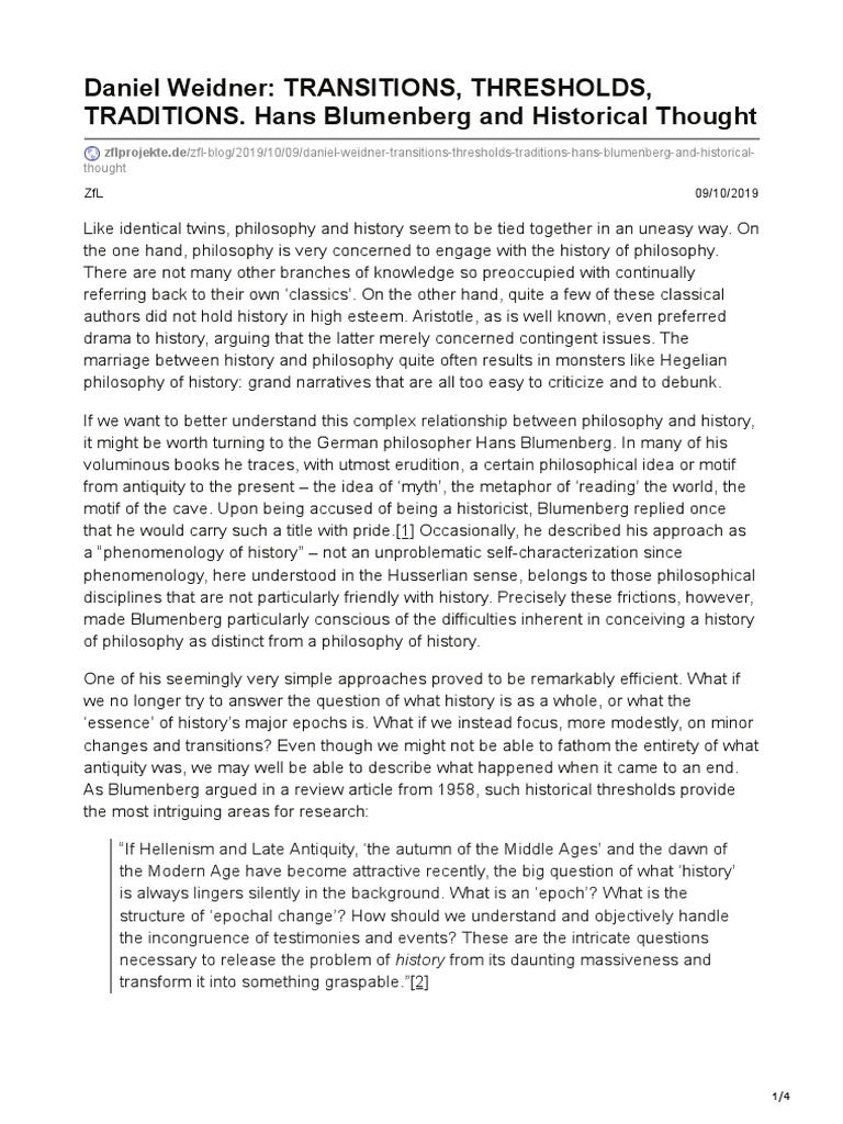 Transitions Thresholds Traditions - Hans Blumenberg and Historical ...