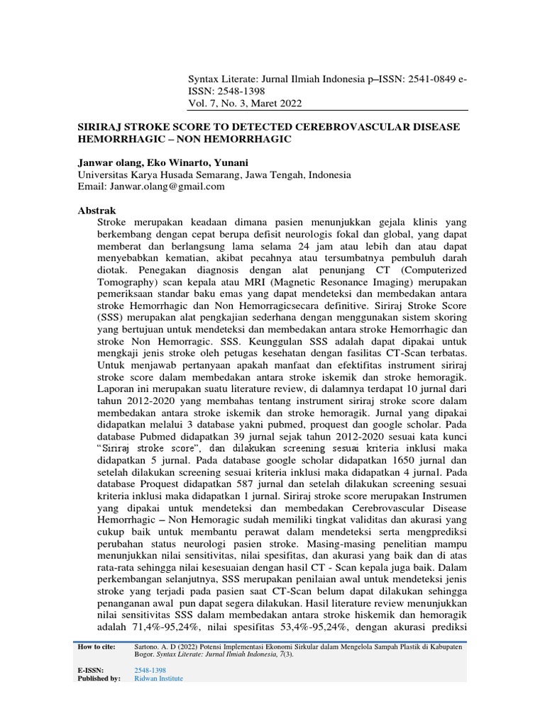 Siriraj Stroke Score To Detected Cerebrovascular Disease Hemorrhagic ...