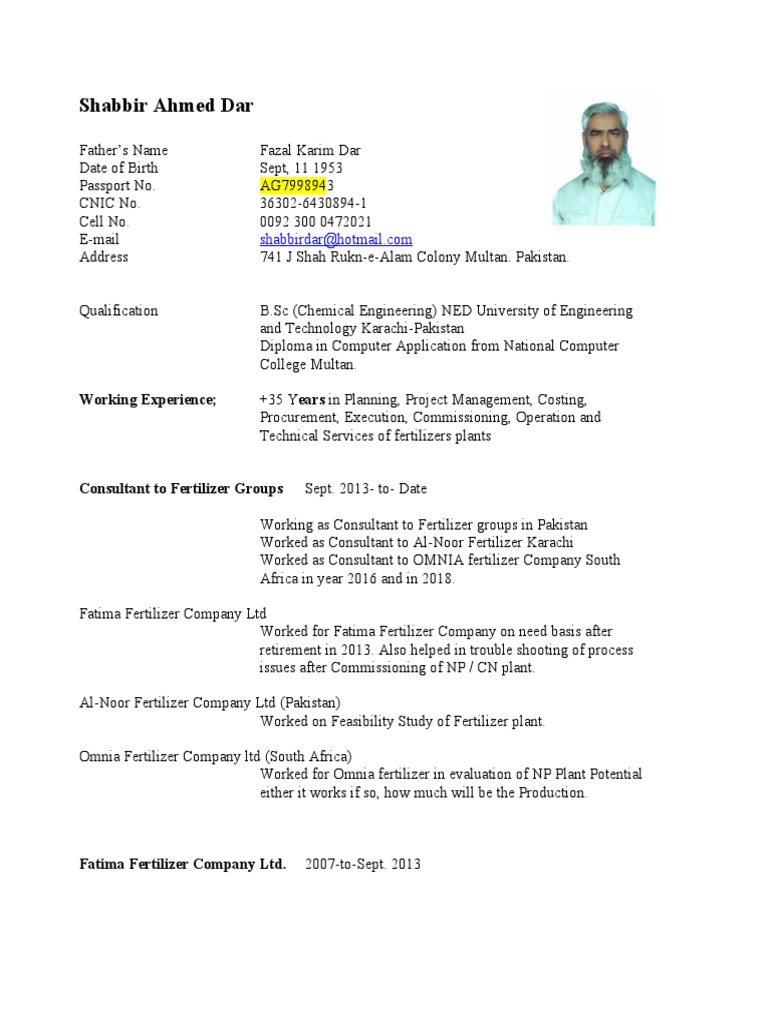 CV Shabbir Ahmed Dar | PDF | Fertilizer | Urea
