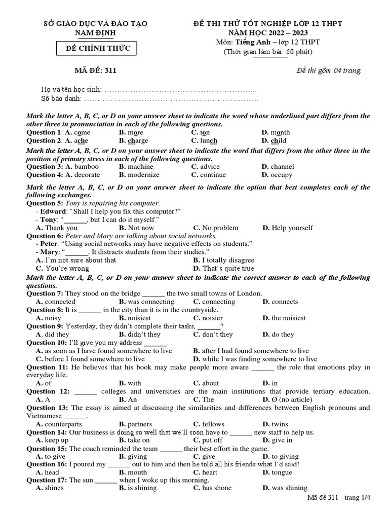 CODE 311 ĐỀ THI THỬ LẦN 1 | PDF | Grammar | Creativity