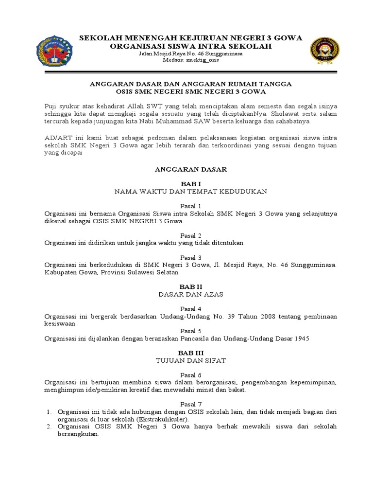 AD/ART OSIS SMK Negeri 3 Gowa | PDF