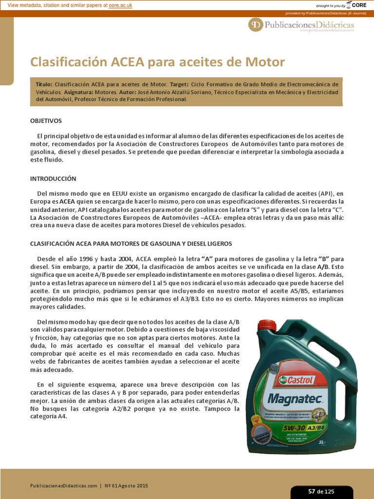 Clasificación ACEA para Aceites de Motor: Objetivos | PDF | Combustible ...
