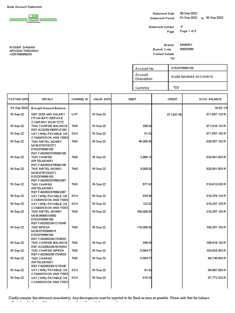 CRDB Account Statment 0152376666100 | PDF | Overdraft | Debits And Credits