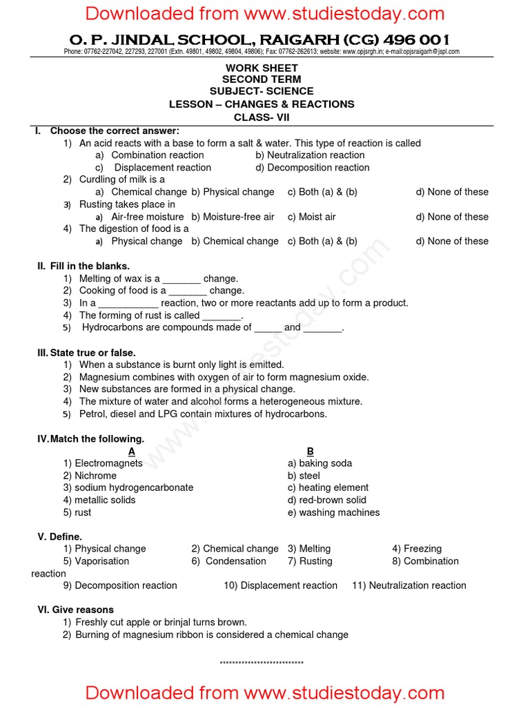 Class 7 Science: Changes & Reactions Worksheet | PDF | Chemical ...