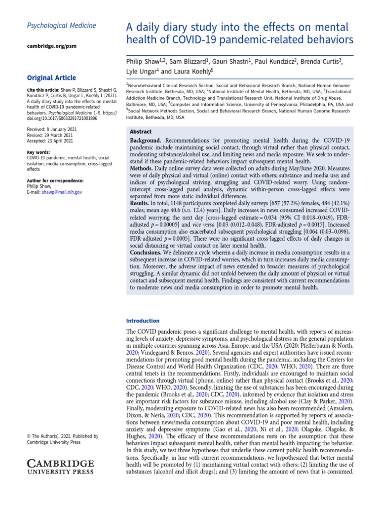 Shaw Et Al. - 2023 - A Daily Diary Study Into The Effects On Mental Hea ...