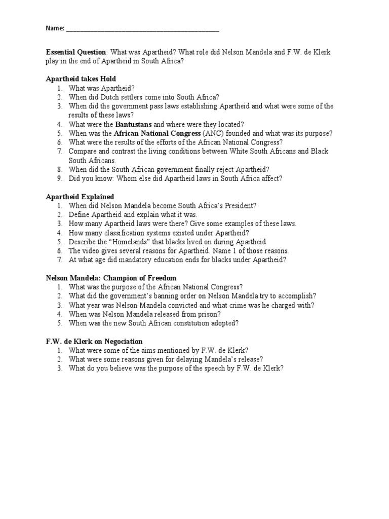 Apartheid Video Questions | PDF
