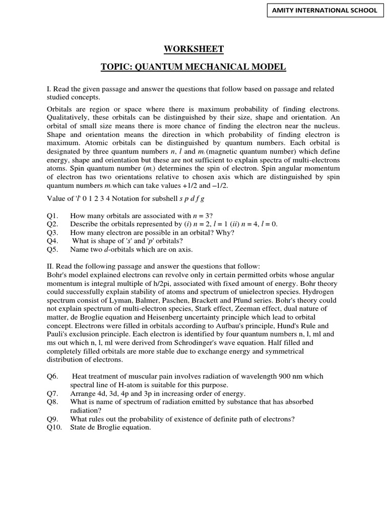Worksheet - QM Model | PDF | Atomic Orbital | Quantum Mechanics