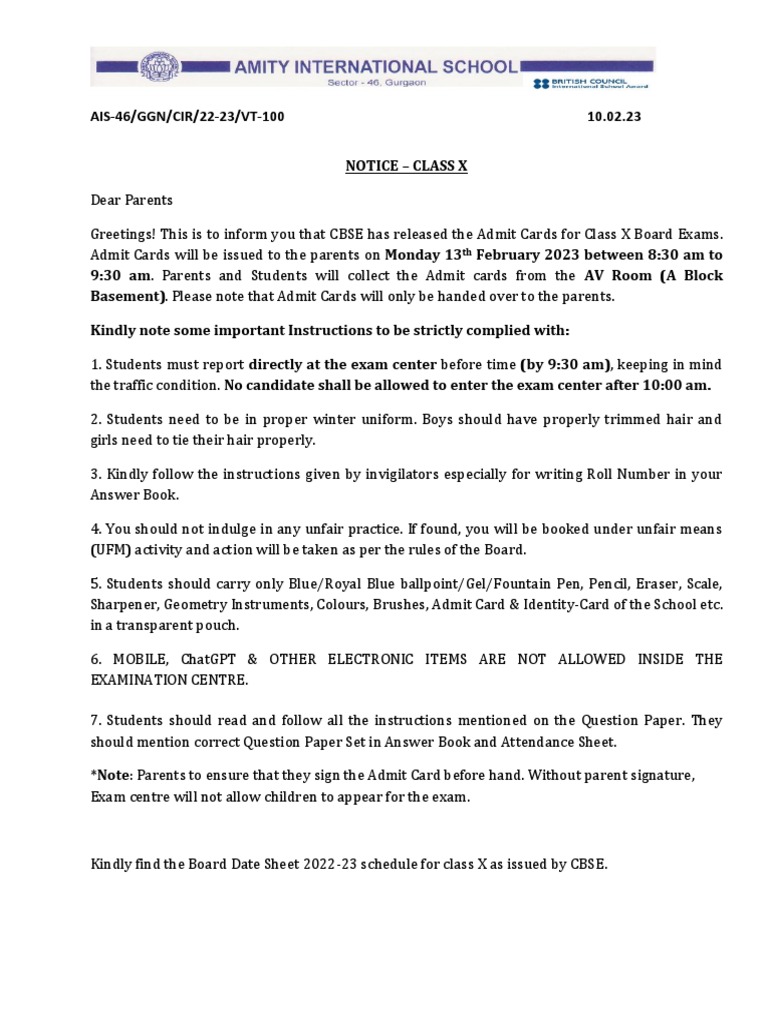 Class X Board Exam Admit Card Notice | PDF