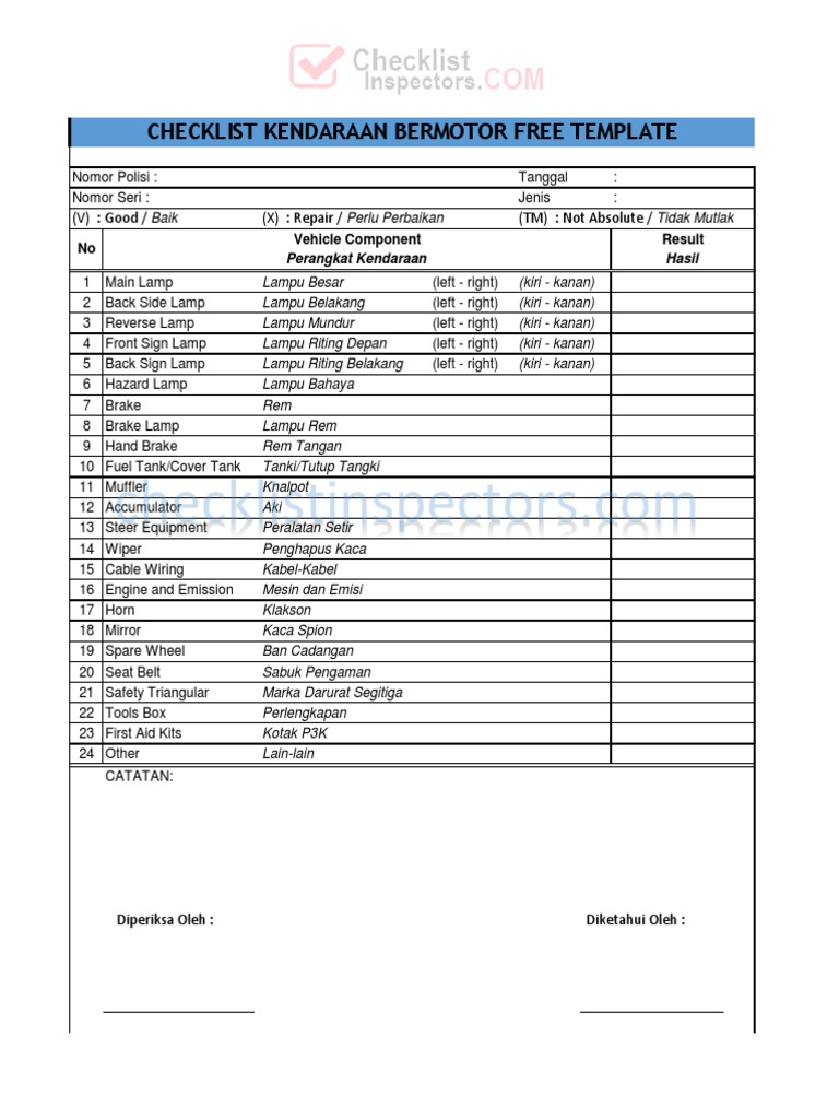 Checklist Kendaraan Bermotor | PDF