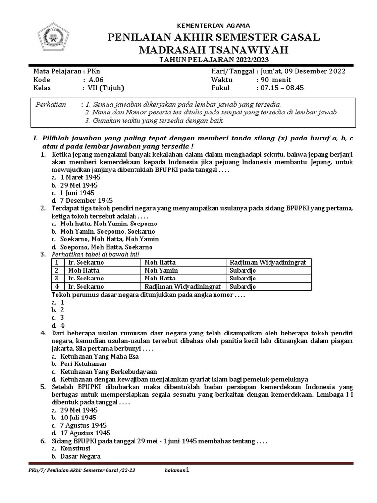 Soal PKn-7-PAS Gasal-2022-23 | PDF