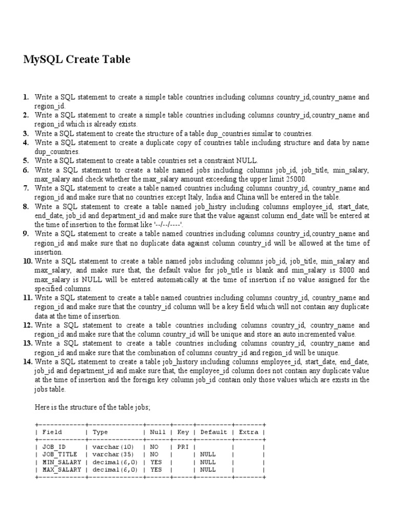 Mysql Create Table Pdf Table Database Computing