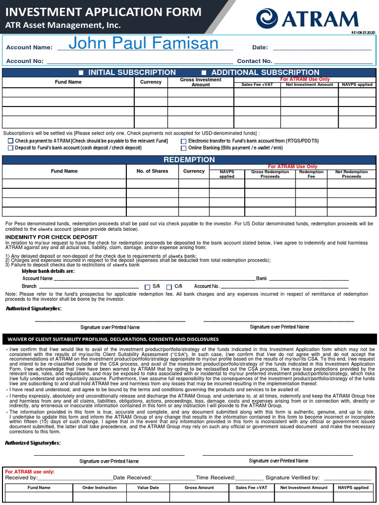 Investment Application Form - ATRAM INC - 04282021 | PDF | Banks ...