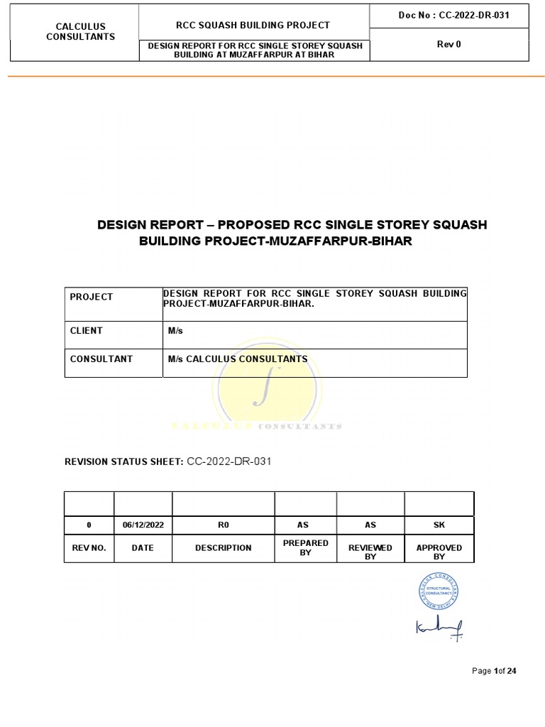 RSSM - Squash Court Building - Design Report-RCC-Single Storey | PDF ...