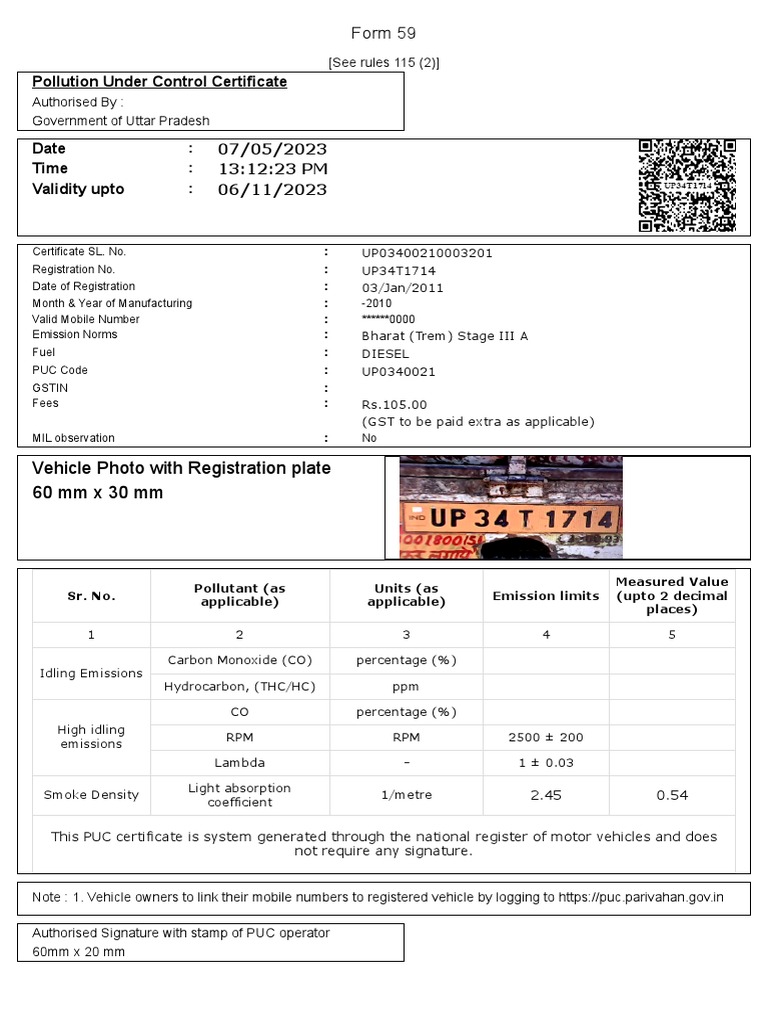 Pollution Under Control Certificate: Form 59 | PDF | Exhaust Gas ...