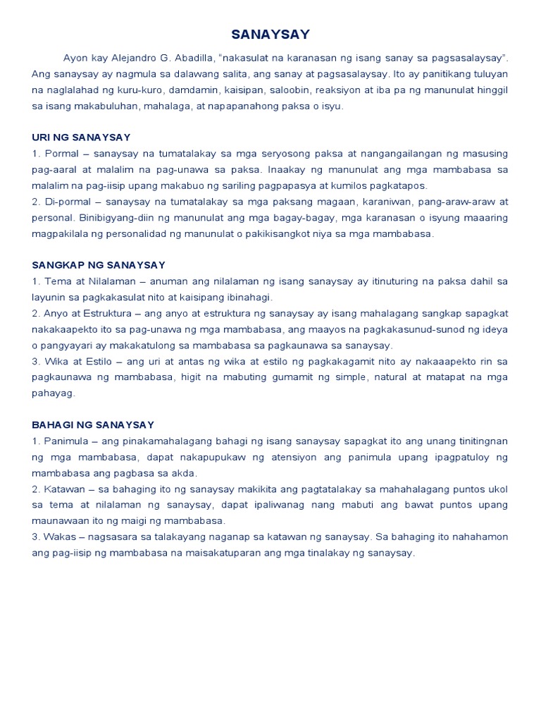 Sanaysay Rubric | PDF