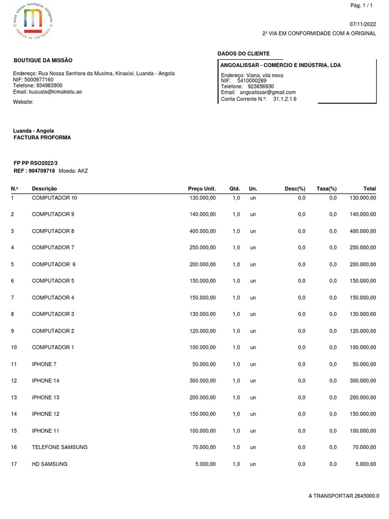 Factura Proforma Com 2 Folhas | PDF | Imposto sobre Valor Agregado (IVA ...