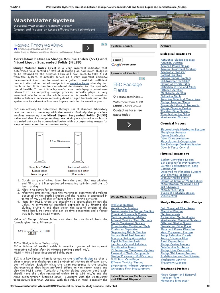 Correlation Between Sludge Volume Index (SVI) and Mixed Liquor Suspended Solids (MLSS) | PDF ...