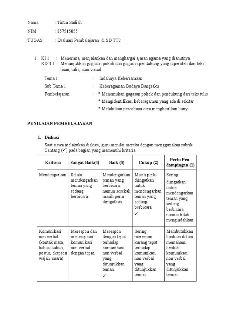 Evaluasi Pembelajaran Di SD TT2 | PDF | Karier & Perkembangan | Seni & Disiplin Bahasa