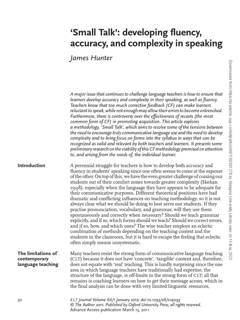 Small Talk' - Developing Fluency, Accuracy, and Complexity in Speaking | PDF | Second Language ...