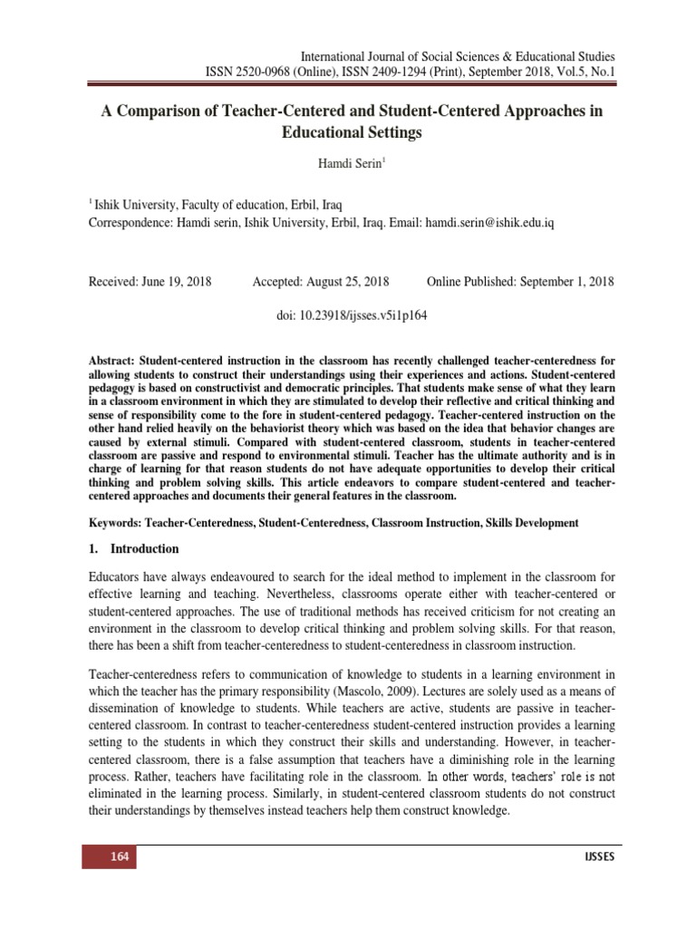 A Comparison of Teacher-Centered and Student-Centered Approaches in Educational Settings | PDF ...