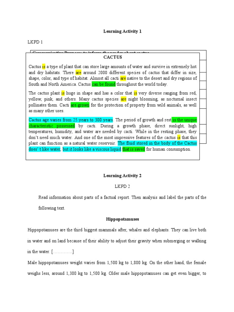 Learning Activity Report Text | PDF | Hippopotamus | Lightning