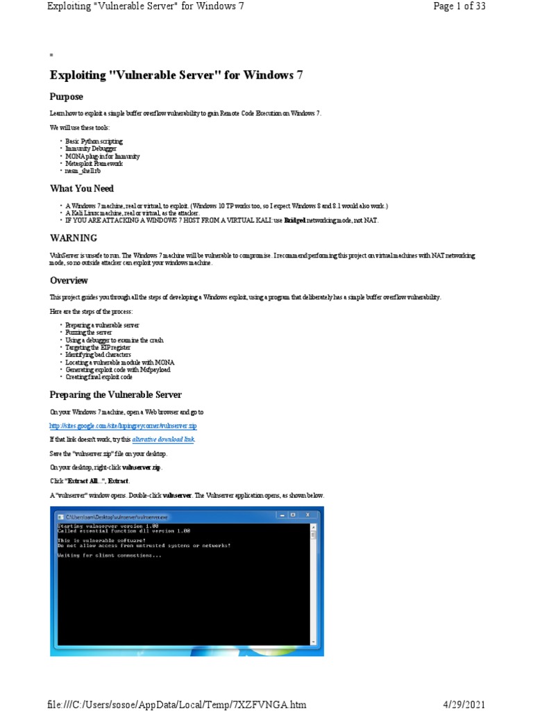 Exploiting - Vulnerable Server - For Windows 7 | PDF | Microsoft Windows | Computing