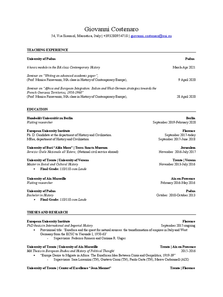 CV - Giovanni Costenaro | PDF | Italy | Thesis
