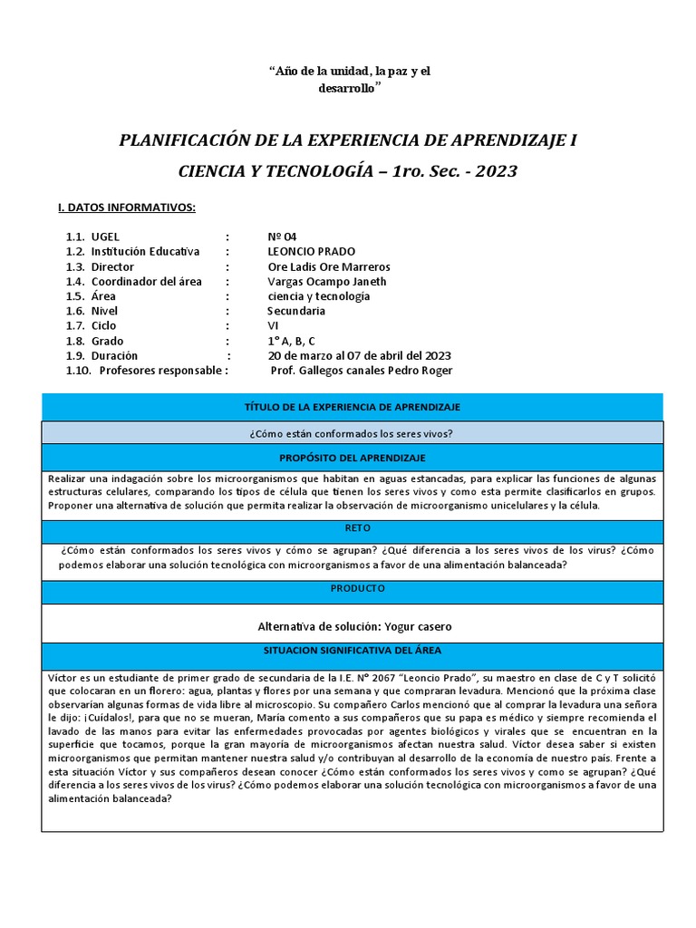 Unidad #01 - CyT - 1°sec. Word | PDF | Organismos | Evaluación