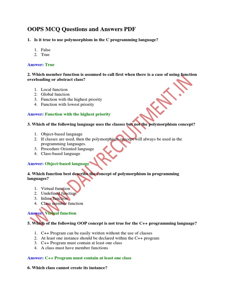 Oops MCQ | PDF | Method (Computer Programming) | Class (Computer Programming)