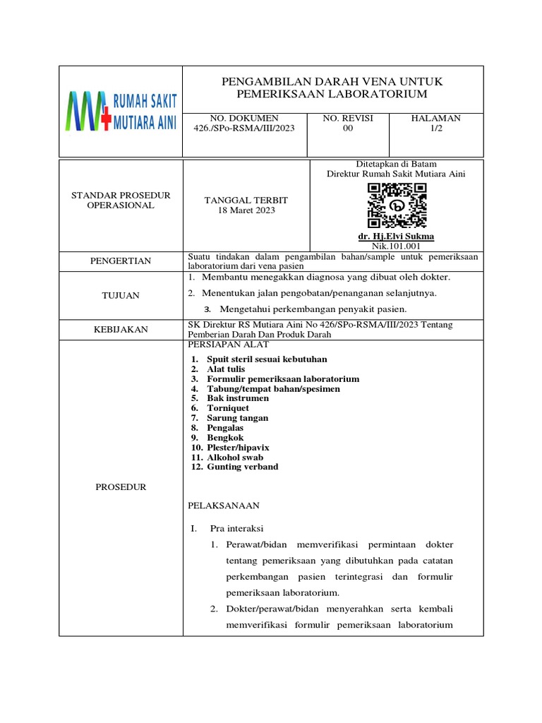 Sop Pengambilan Darah Vena Untuk Pemeriksaan Laboratorium. | PDF