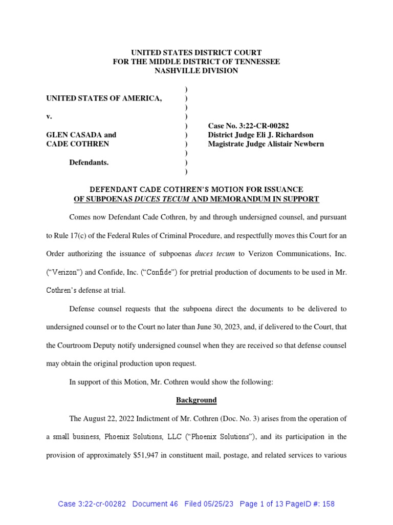 Cothren's Subpoena Motion for Defense Evidence | PDF | Evidence (Law ...