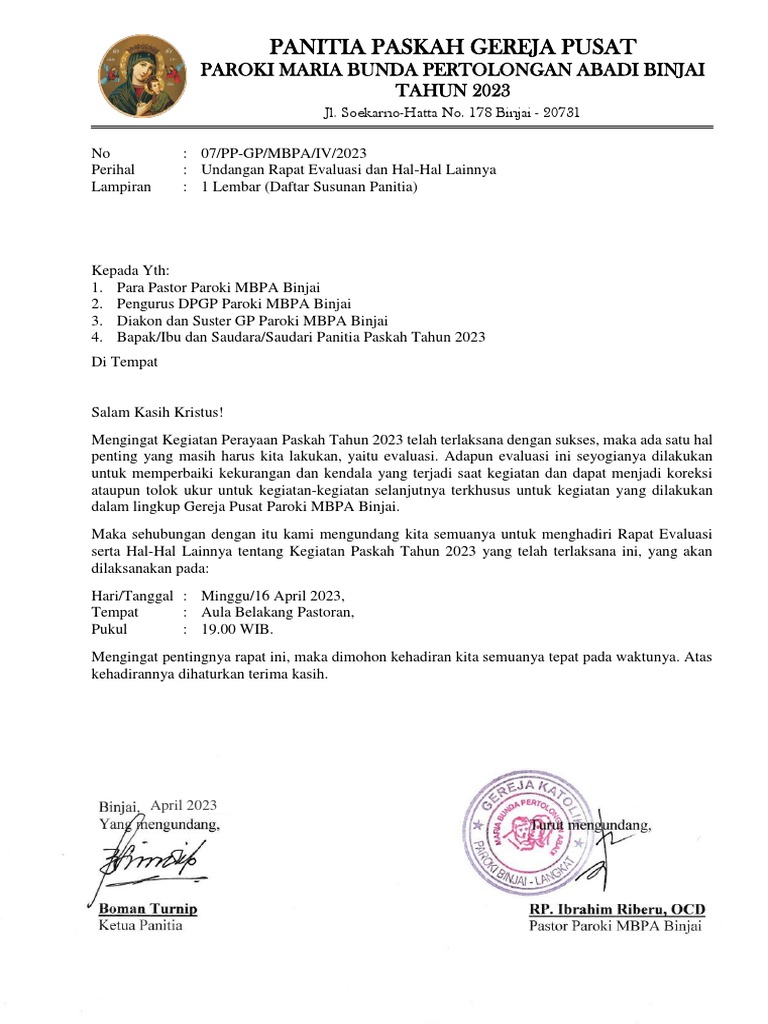 Surat Undangan Rapat Evaluasi Panitia Petugas Paskah Gereja Pusat MBPA ... Surat Undangan Rapat Evaluasi Panitia Petugas Paskah Gereja Pusat MBPA ...