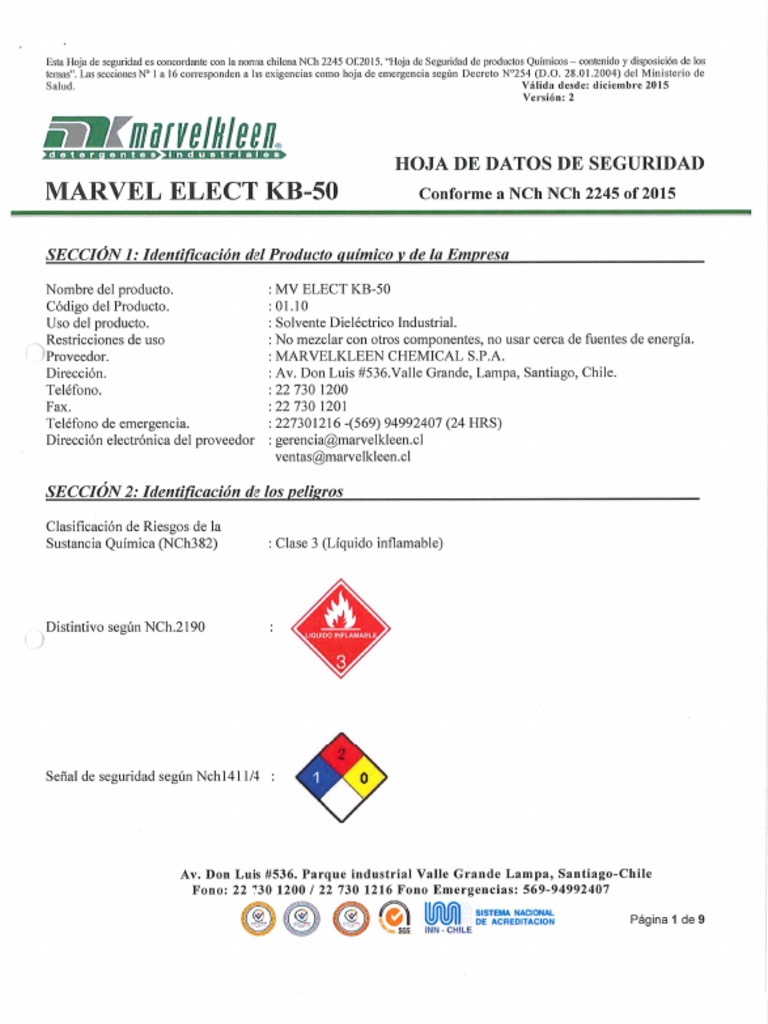 Hoja Seguridad Solvente Marvel | PDF